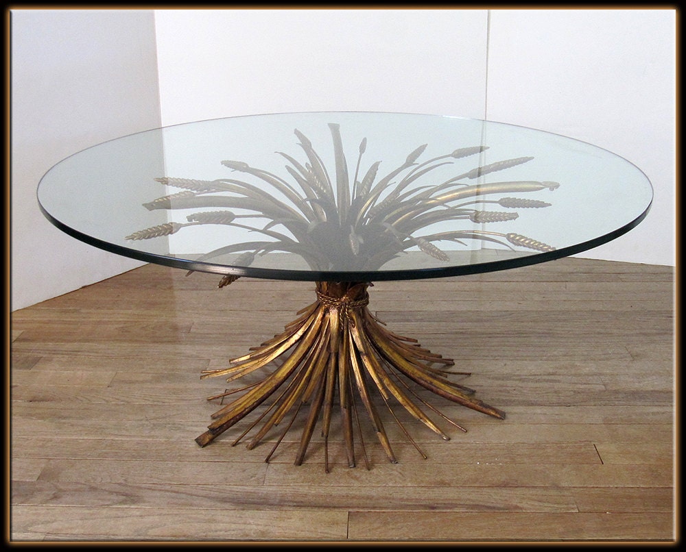 60s Italian Hollywood Regency Gold Gilt Wheat Sheaf Coffee Table w ...
