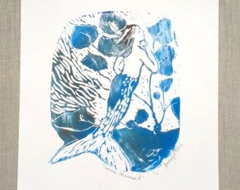 Mermaid linocut | Etsy