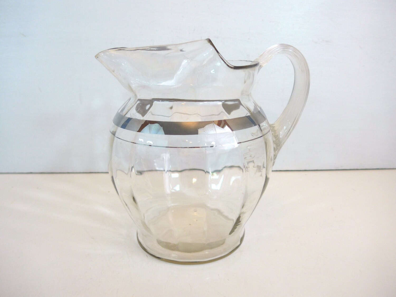 Vintage Mid Century Silver Band Ribbed Pitcher Hand Blown Glass - Mid ...