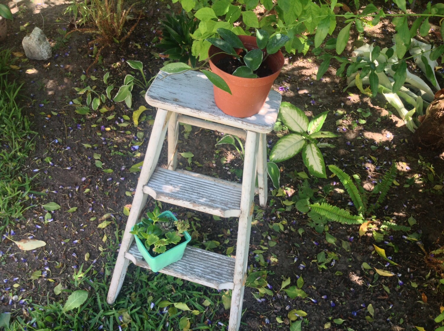 Wood and Metal Step Stool – Plant stand– White and Distressed — 11″ w x ...