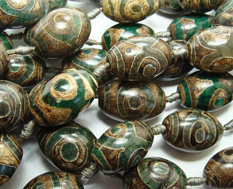 Tibetan Agate DZI Oval Barrel beads 27x19mm Handcrafted