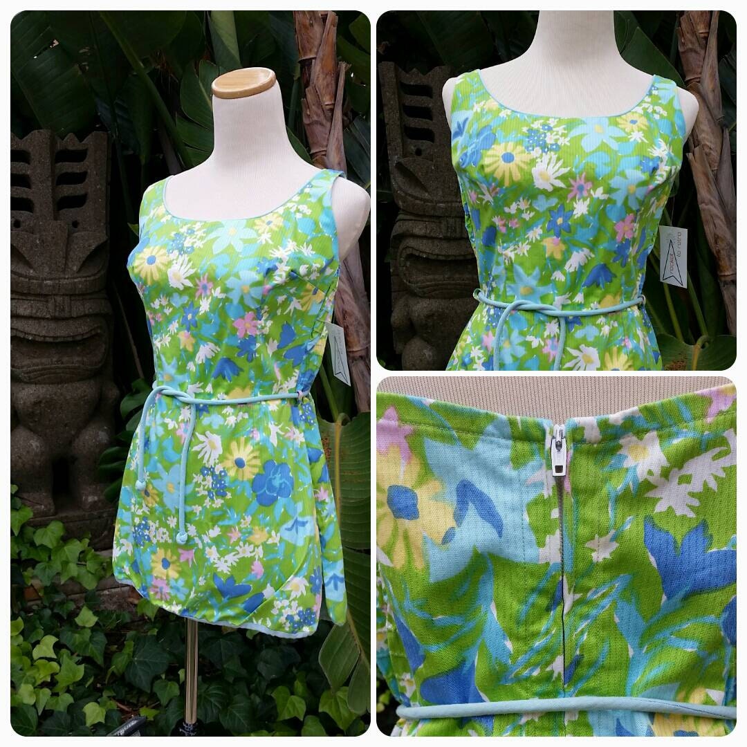Vintage 60s 1960s Swimsuit // Green and Blue Floral Print // Skirted ...