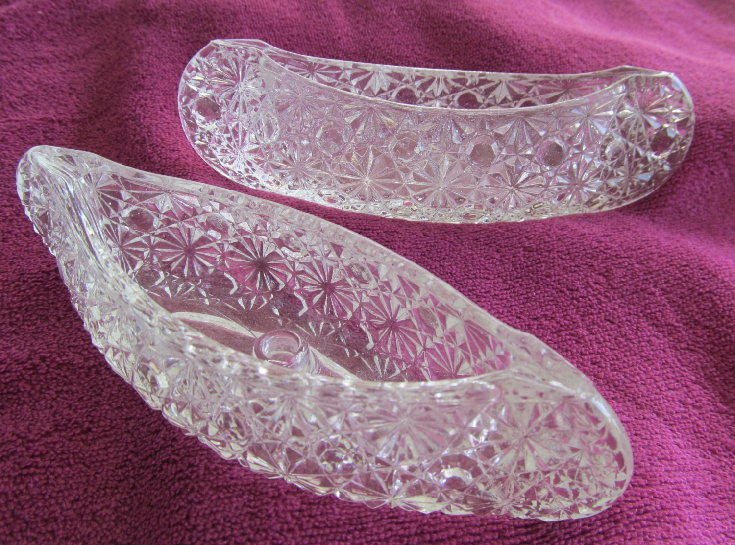 Two Vintage Pressed Glass Canoe Dishes Candle Holders Ring Dish Relish Pickle Dishes Haute
