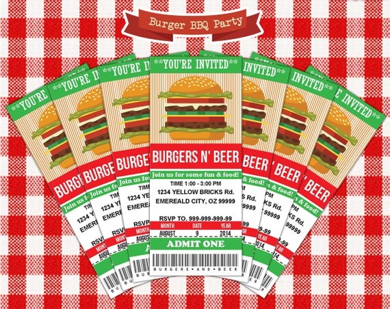 Burger Invitation BBQ Party Ticket Invitations by SqweezDesign