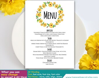 DiY Printable Wedding Menu Template Instant Download