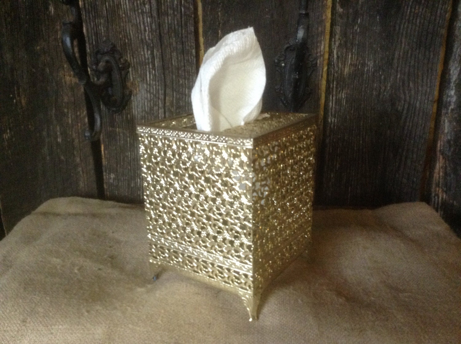 625 – Vintage – Tissue Box Holder- Metal – Filagree -Wedding – Gold ...