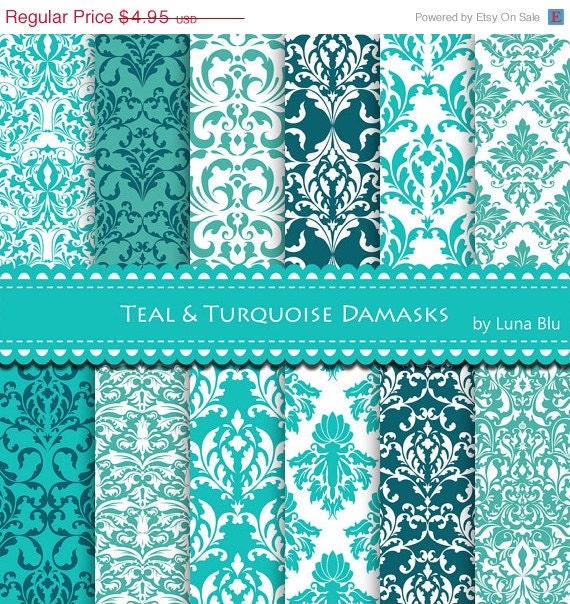 New Item added to my shop:60% OFF Damask Digital Paper: “Turquoise and ...