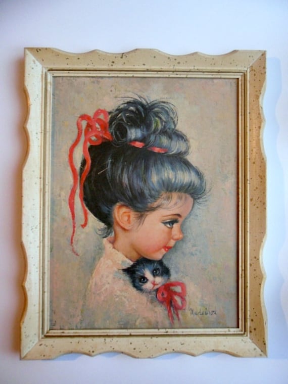 Vintage Large Framed Art by Medeiros/ Big Eyed Girl with
