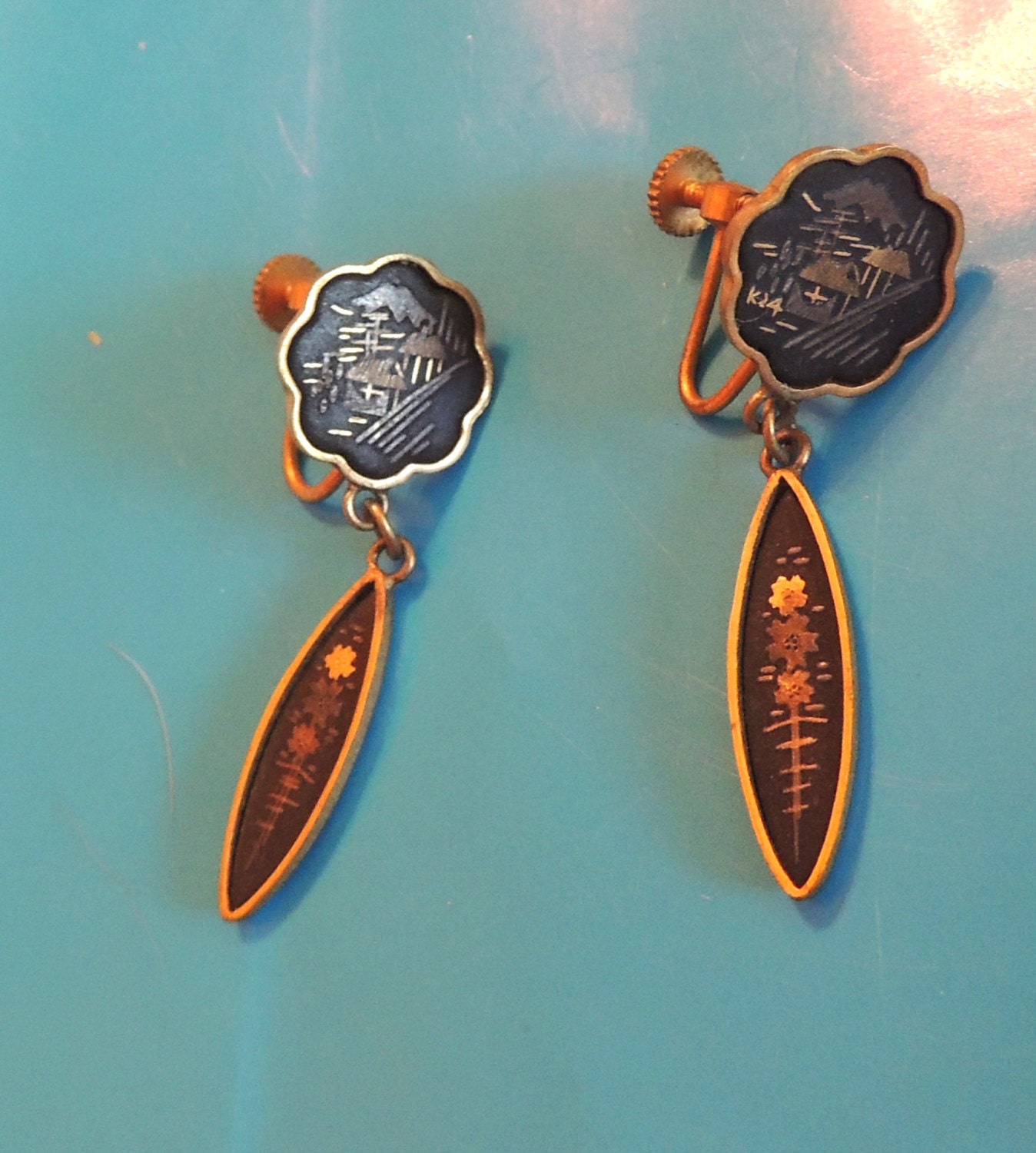 Japanese Damascene Earrings Vintage Dangle Earrings Long Japanese Damascene Earrings Vintage Dangle Earrings Long
