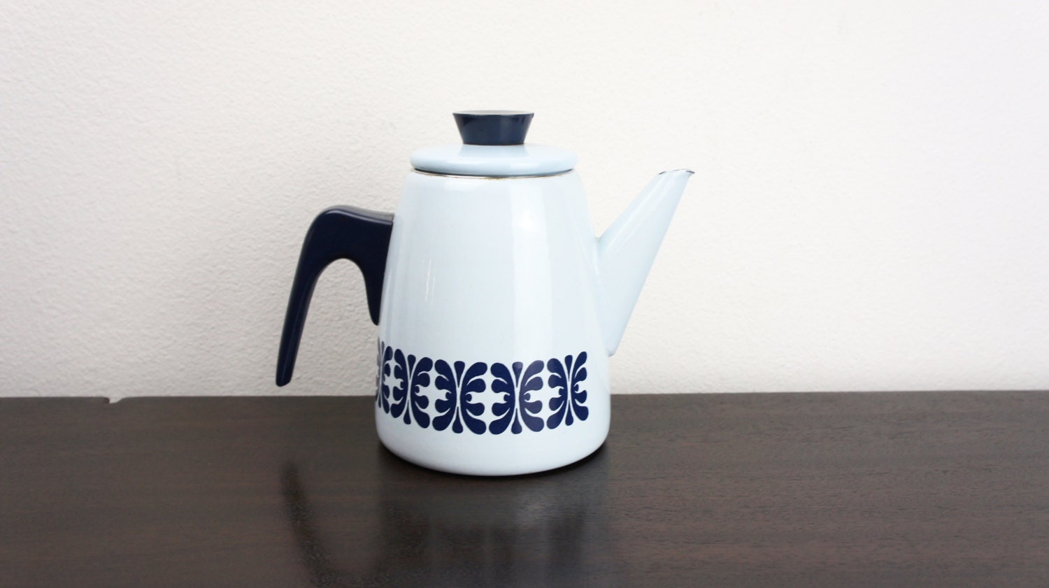 Vintage Light and Navy Blue Patterned Cathrineholm Coffee Pot, 1950s or ...
