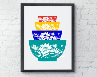 Pyrex Bowls Art Print Kitchen wall decor sprint blossom