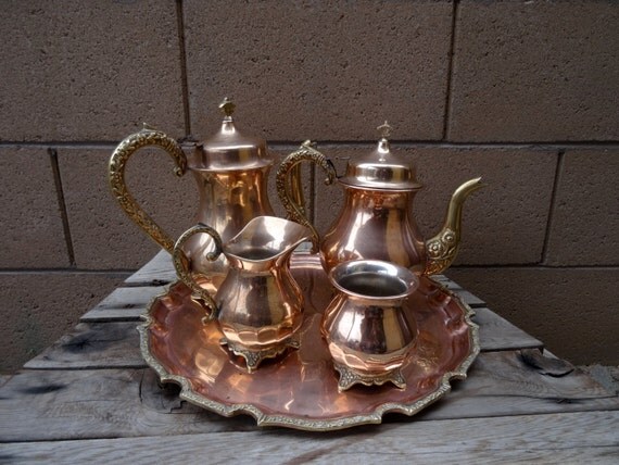 Vintage Copper And Brass 5 Piece Tea And Coffee Set Copper