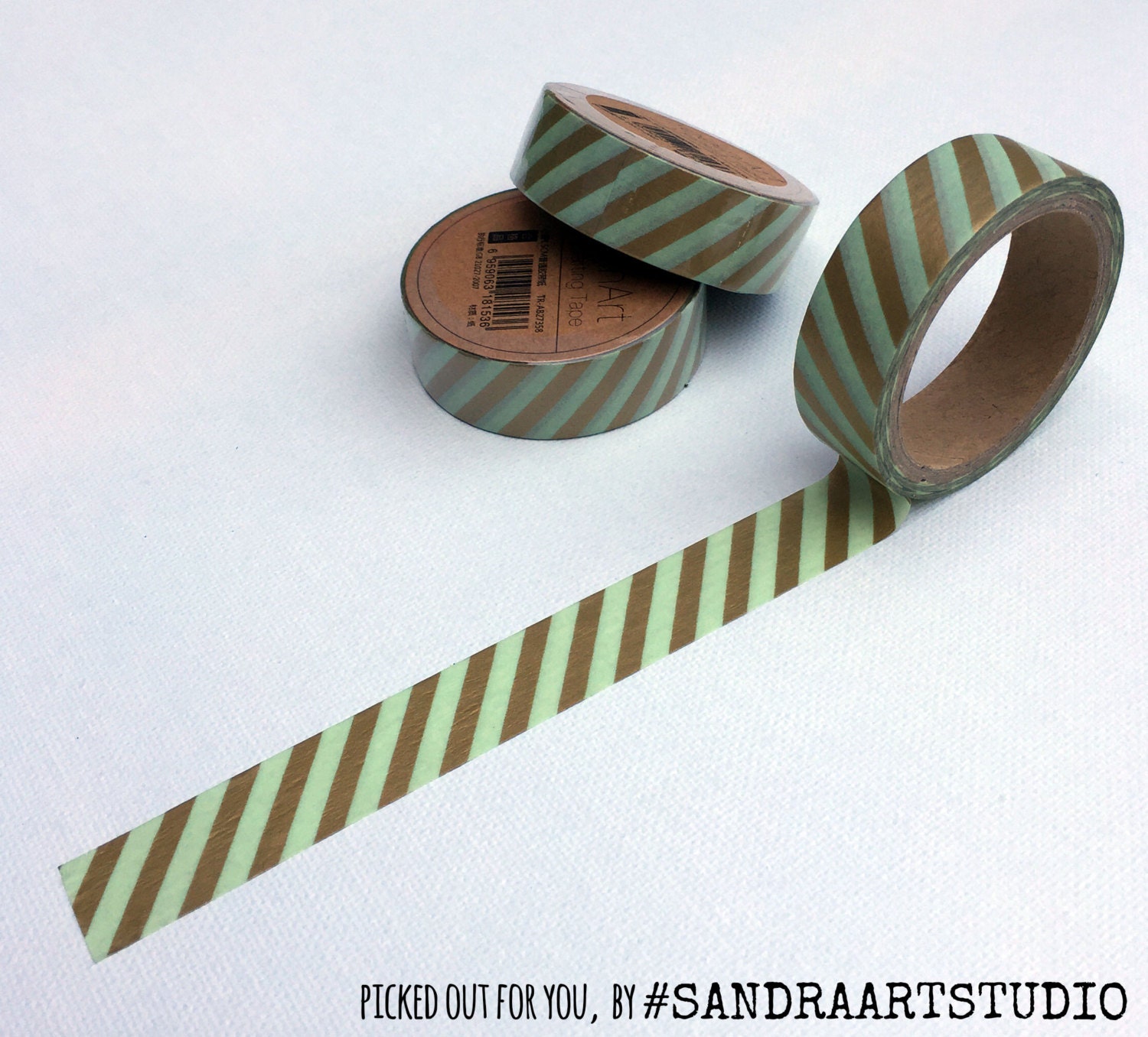 Washi tape with mint green and gold stripes, printed paper tape ...