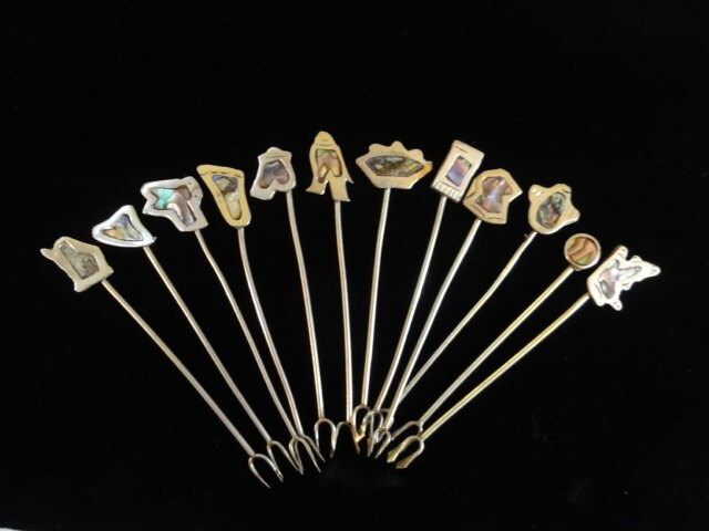 Vintage Alpaca Silver & Abalone Shell Inlay Appetizer Forks Picks, Set ...