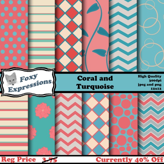 Coral and Turquoise Digital Paper in checkers, chevron, floral, stripes ...