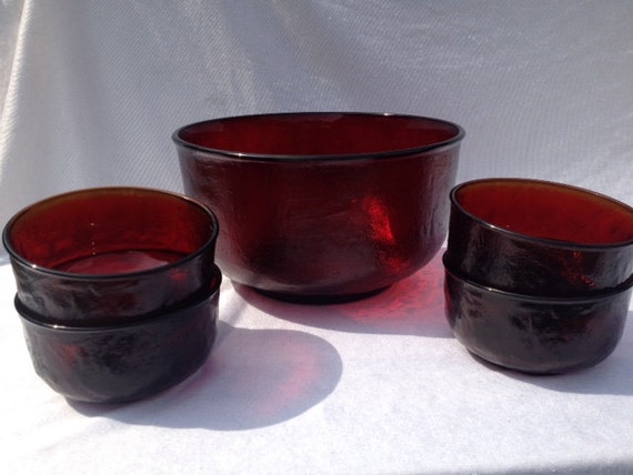 Dark Red Bowl Set Big Bowl And 4 Small Red Bowls Vintage Red
