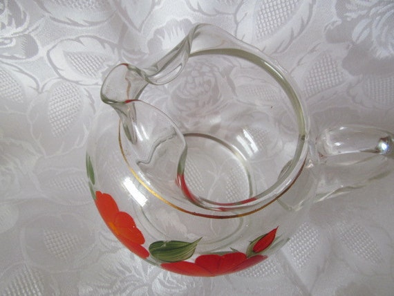 Vintage Small Glass Juice Pitcher / Hand Painted / Floral