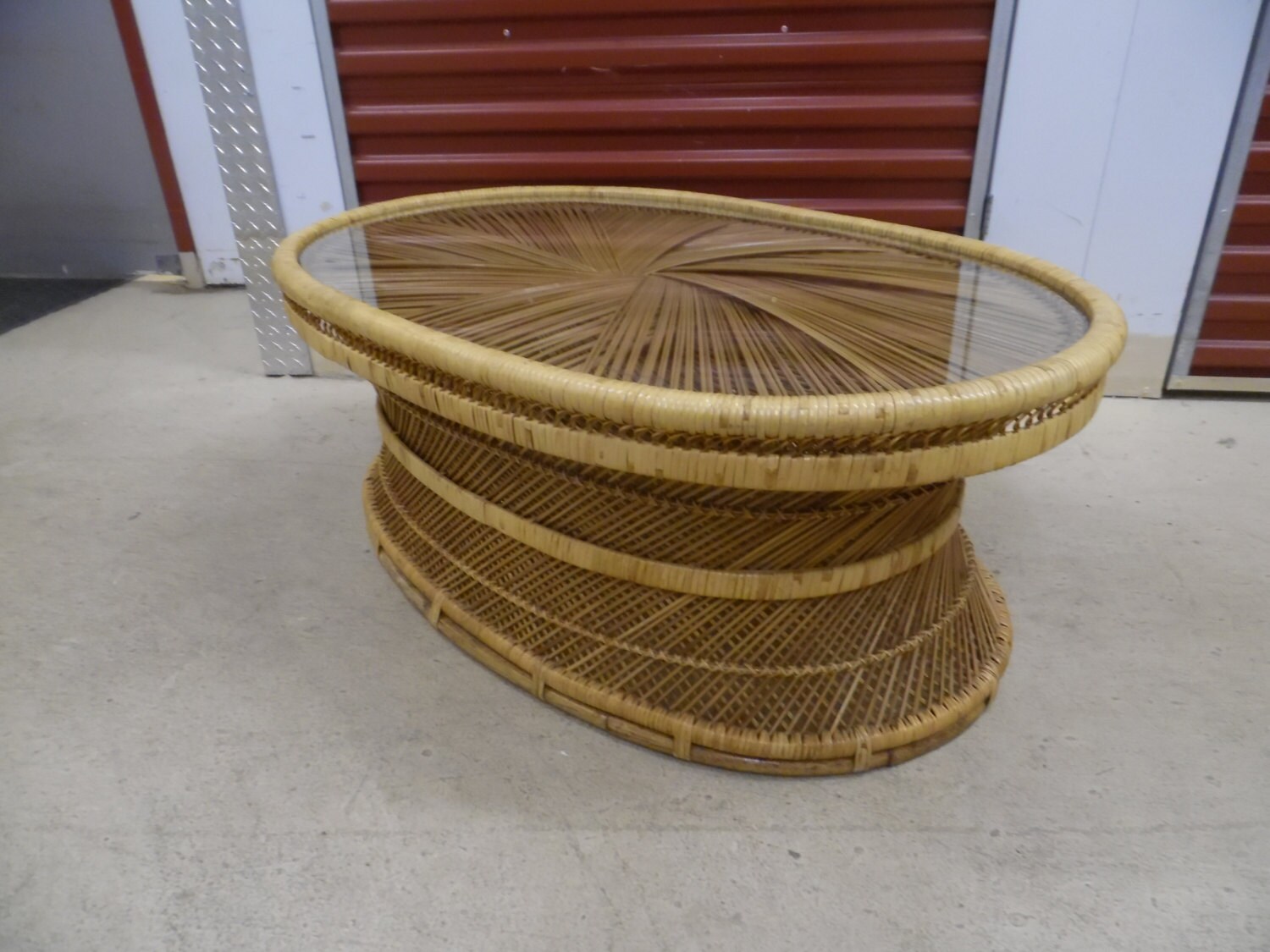 WOVEN WRAPPED WONDER / Vintage Oval Woven Rattan Coffee Table With ...