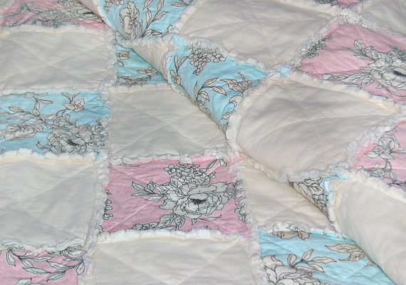 FULL / QUEEN Pink Turquoise & Cream Rag Quilt Handmade