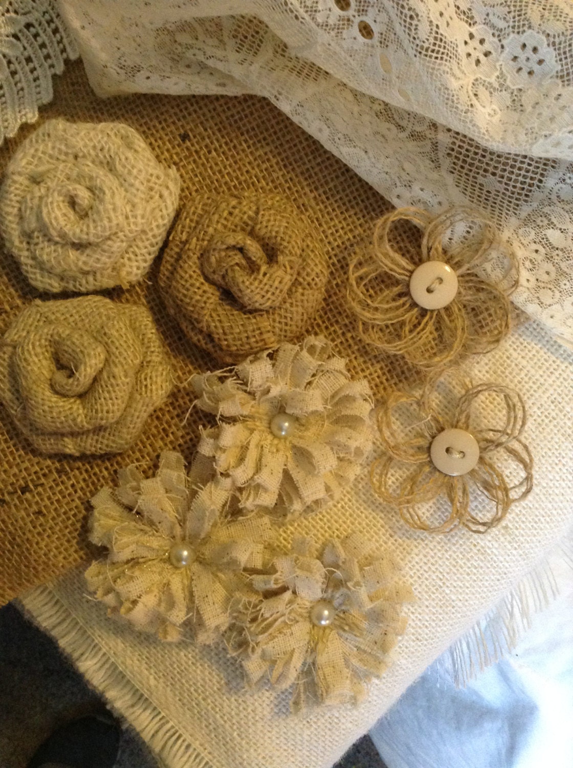 Mini Burlap 2 Flower Assortment of 8 Rustic Handmade