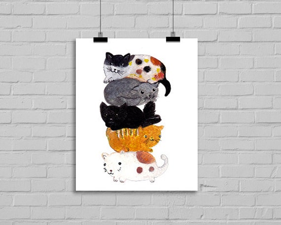 Cat Stack Kitty Cats Illustration Watercolor by Littlecatdraw