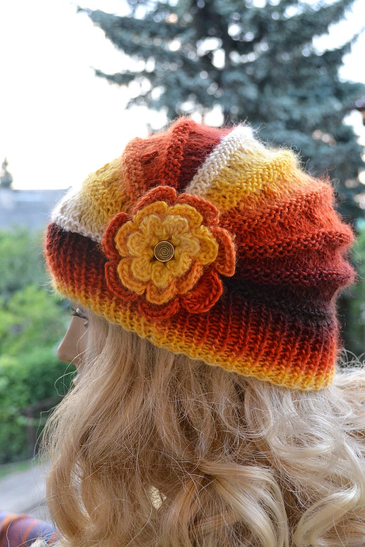 Knitted Autumn Rainbow Cap With Flower Hat By Dosiakstyle