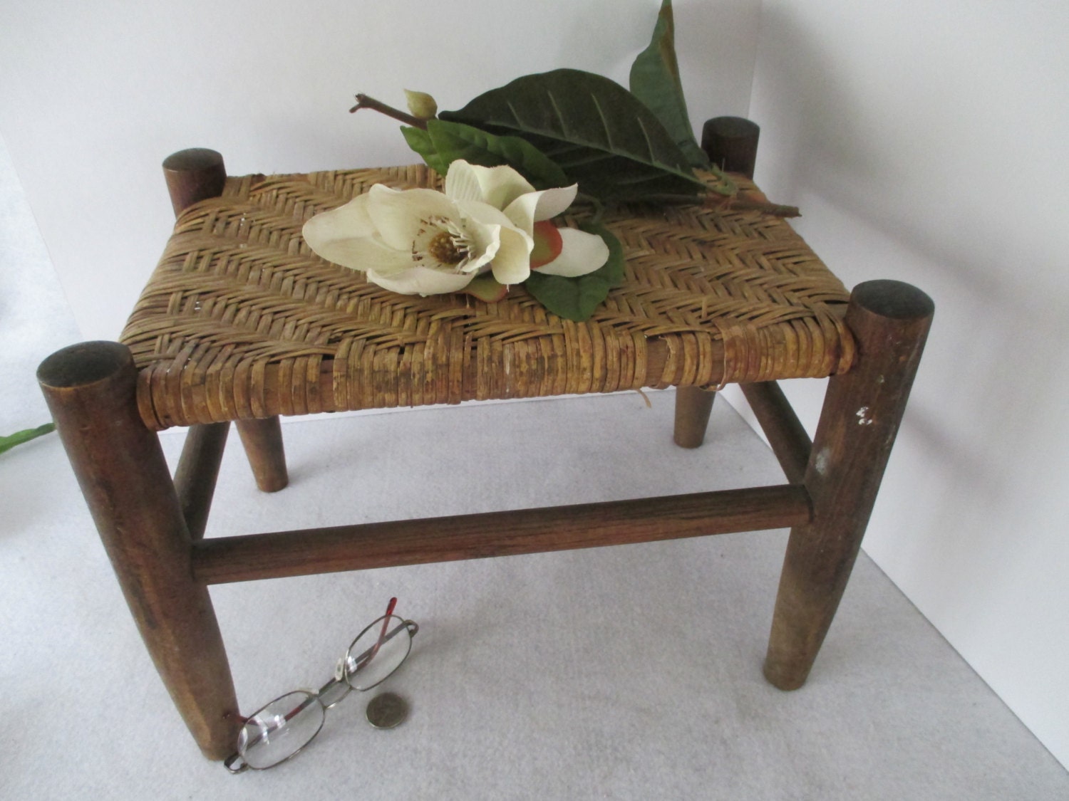 Foot Stool, Vintage, Wood with Woven Split Reed Seat, Herringbone ...