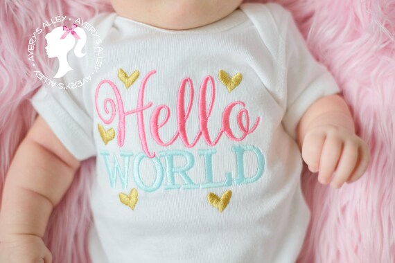 Hello World Girls Embroidered Shirt & Matching hair bow set