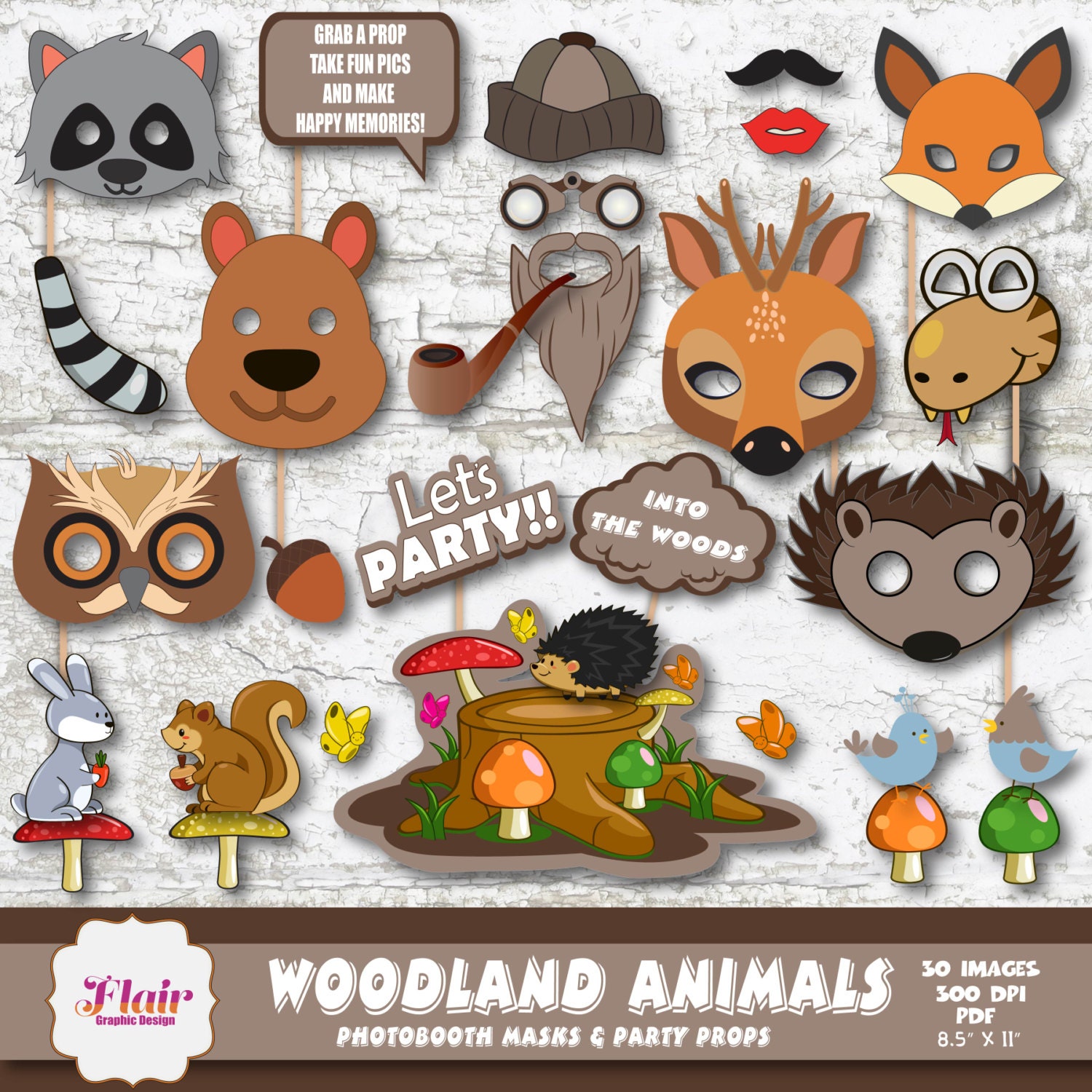 WOODLAND ANIMALS Photo Booth Masks and Party Props Printable
