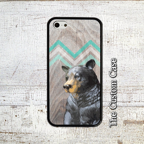 Bear Phone Case Grizzly Bear Bear and Chevron on Wood Case