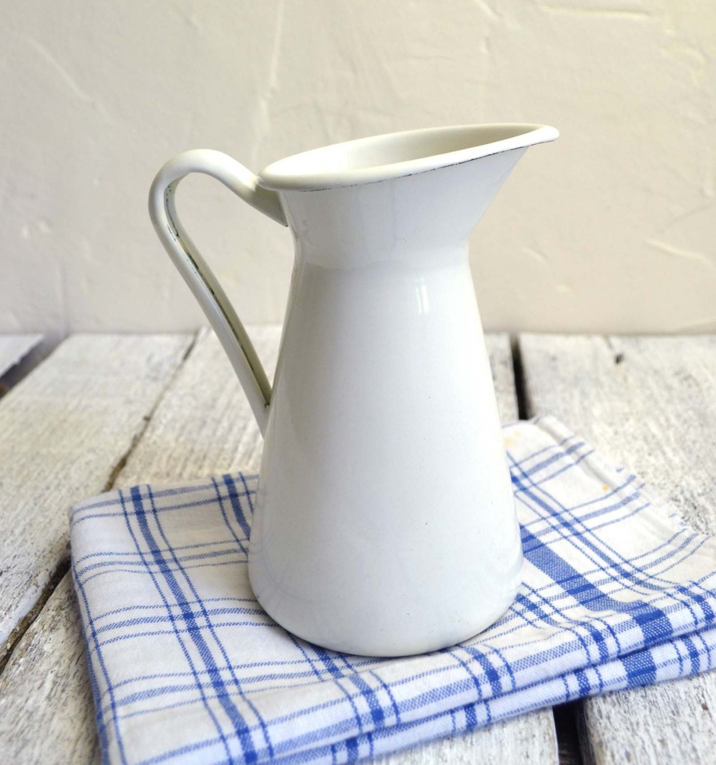 Vintage French White Metal Enamelware Milk Jug Pitcher Retro Enamel ...