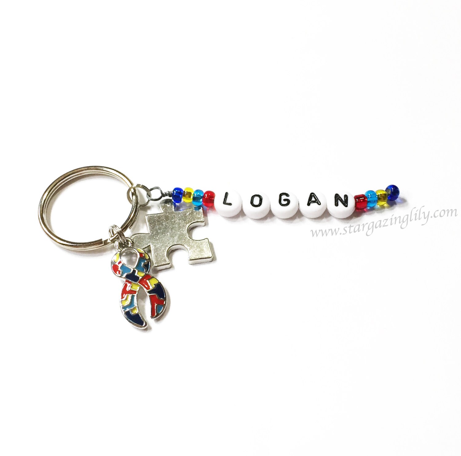 Autism Awareness Ribbon Charm Personalized Name Keyring Key