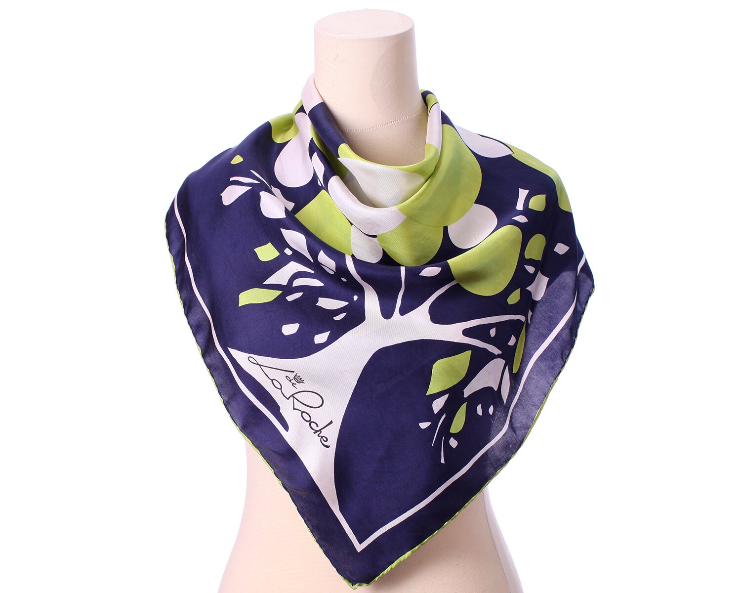 ABSTRACT SILK Scarf 70s Designer La Roche Signature Navy White ...