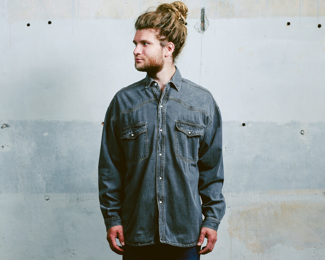 Vintage 90s Black ACID WASH DENIM Shirt Men s 1990s Grunge Button Up Vintage 90s Black ACID WASH DENIM Shirt Men s 1990s Grunge Button Up
