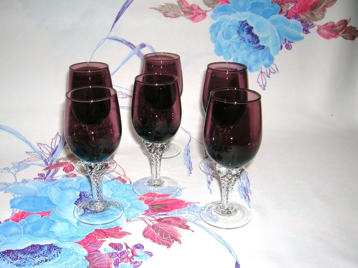 6 Vintage Mid Century Purple Amethyst Cordials With Clear Twisted Stems ...