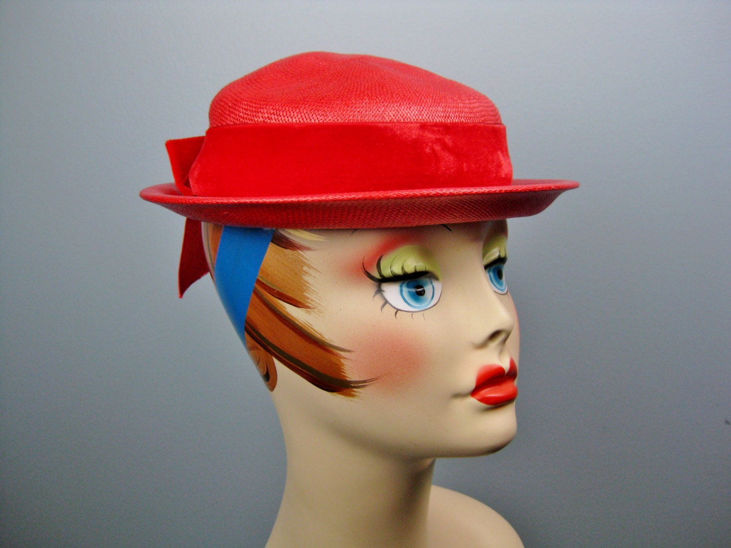 Panama Boater / Vtg 50s / Red Panama Boater Hat / Big Red Velvet Box ...