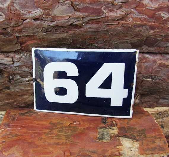 Vintage Enamel House Number 64 Sign Blue and by ANTIQUEcountry