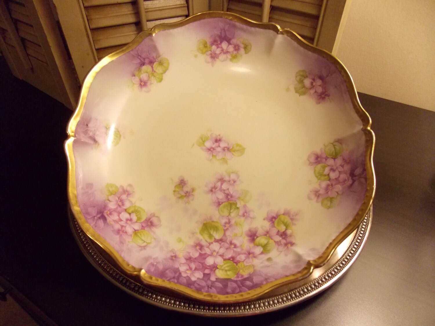 DECORATIVE Hand Painted VIOLET Large BOWL, Exquisite “Violet Floral ...