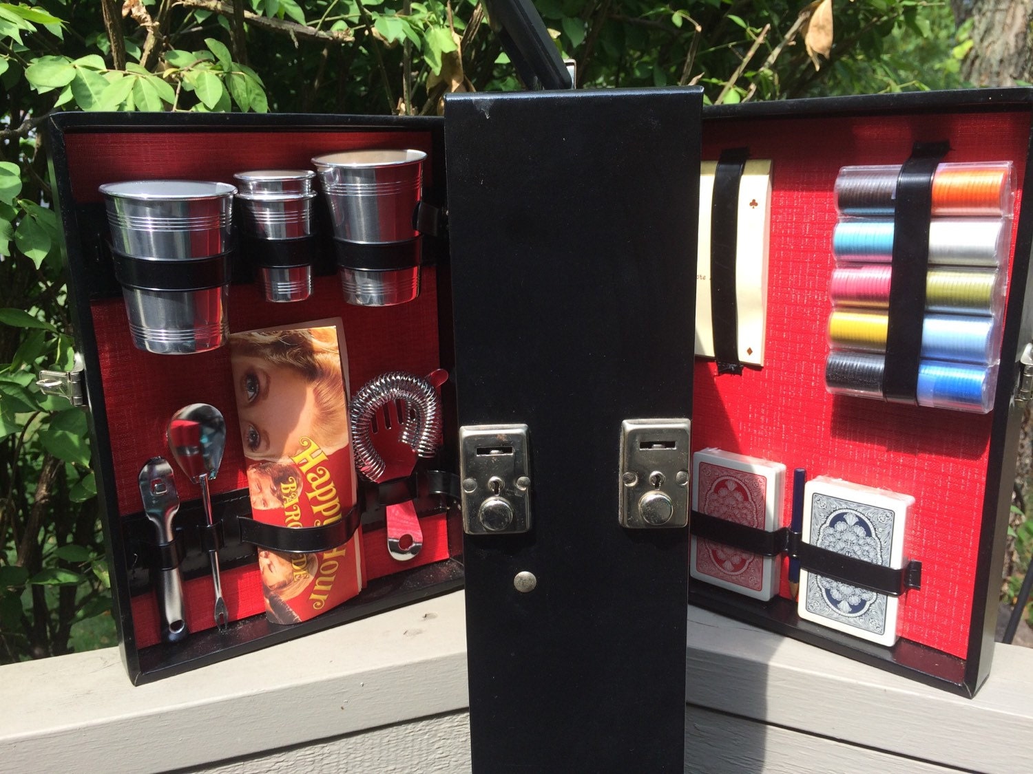 Vintage Portable Bar and Poker Set in Black Leather Case. With Cups ...