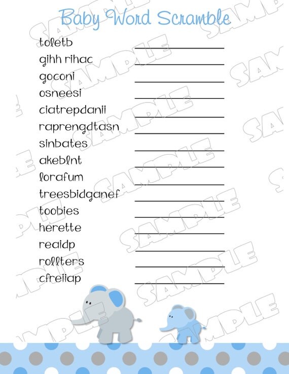 Word scramble baby shower game blue elephant by greenmelonstudios