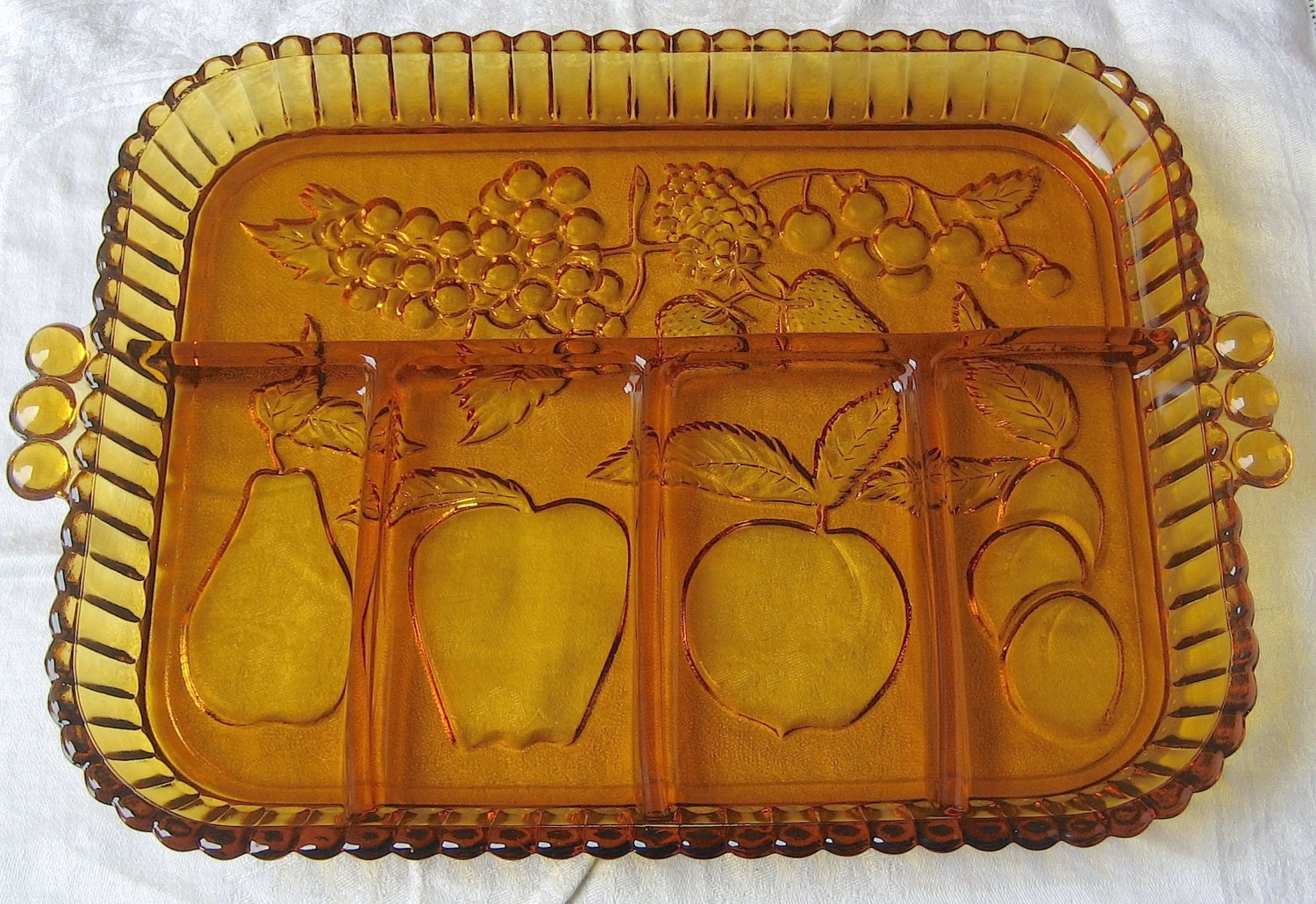 Orange Glass Serving Plate – Vintage Sectioned Tray with Fruit Motif ...