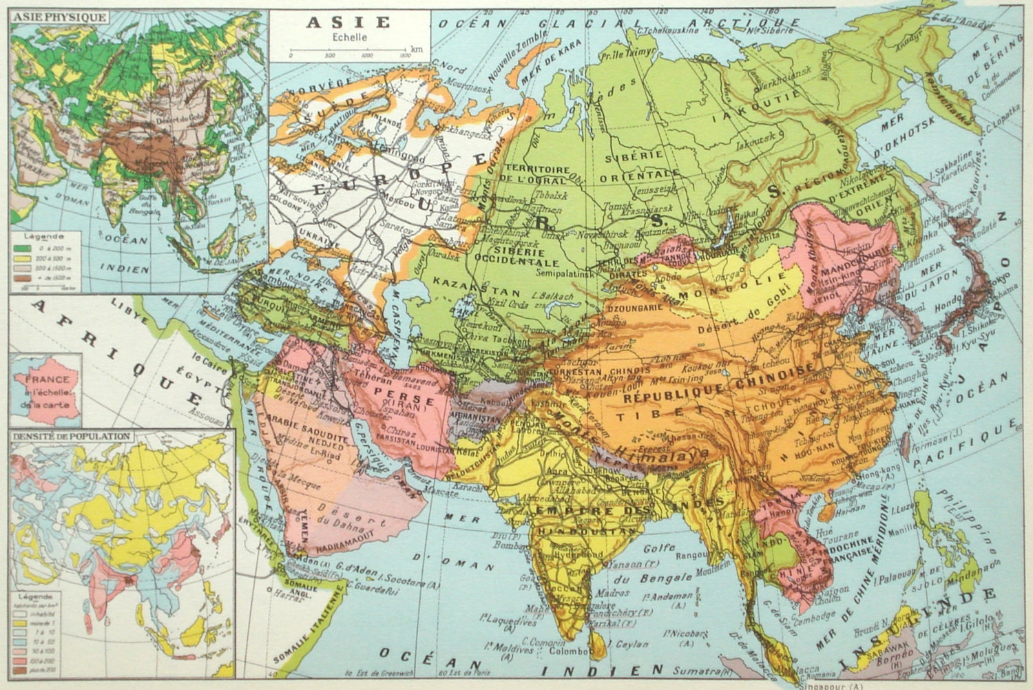 Asia map original 1936 chart print Continent wall decor