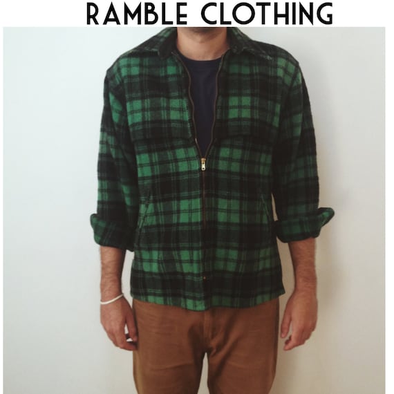 Vintage Johnson Woolen Mills Green Black Plaid Hunting CPO