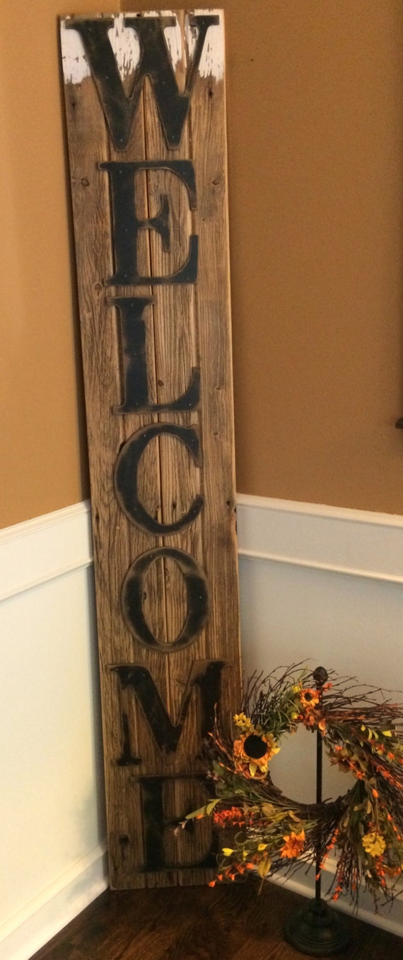 Rustic WELCOME Sign on Reclaimed Barn Wood Vertical