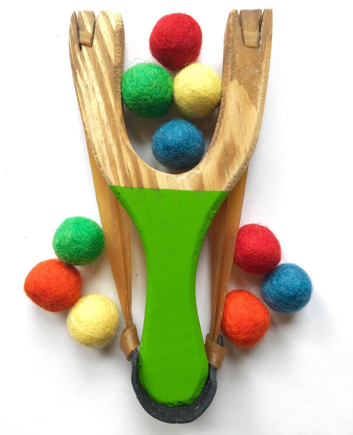 Wood Slingshot wooden sling shot toy rainbow wool felt balls