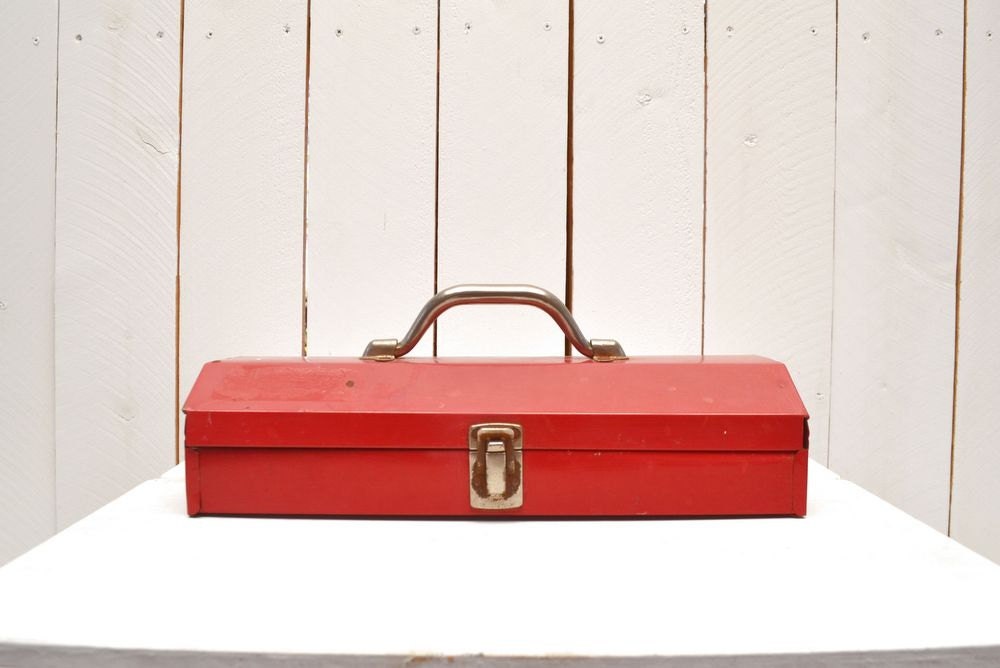 Red Metal Toolbox 50s Vintage Rusty Industrial Tool Caddy Display Box ...