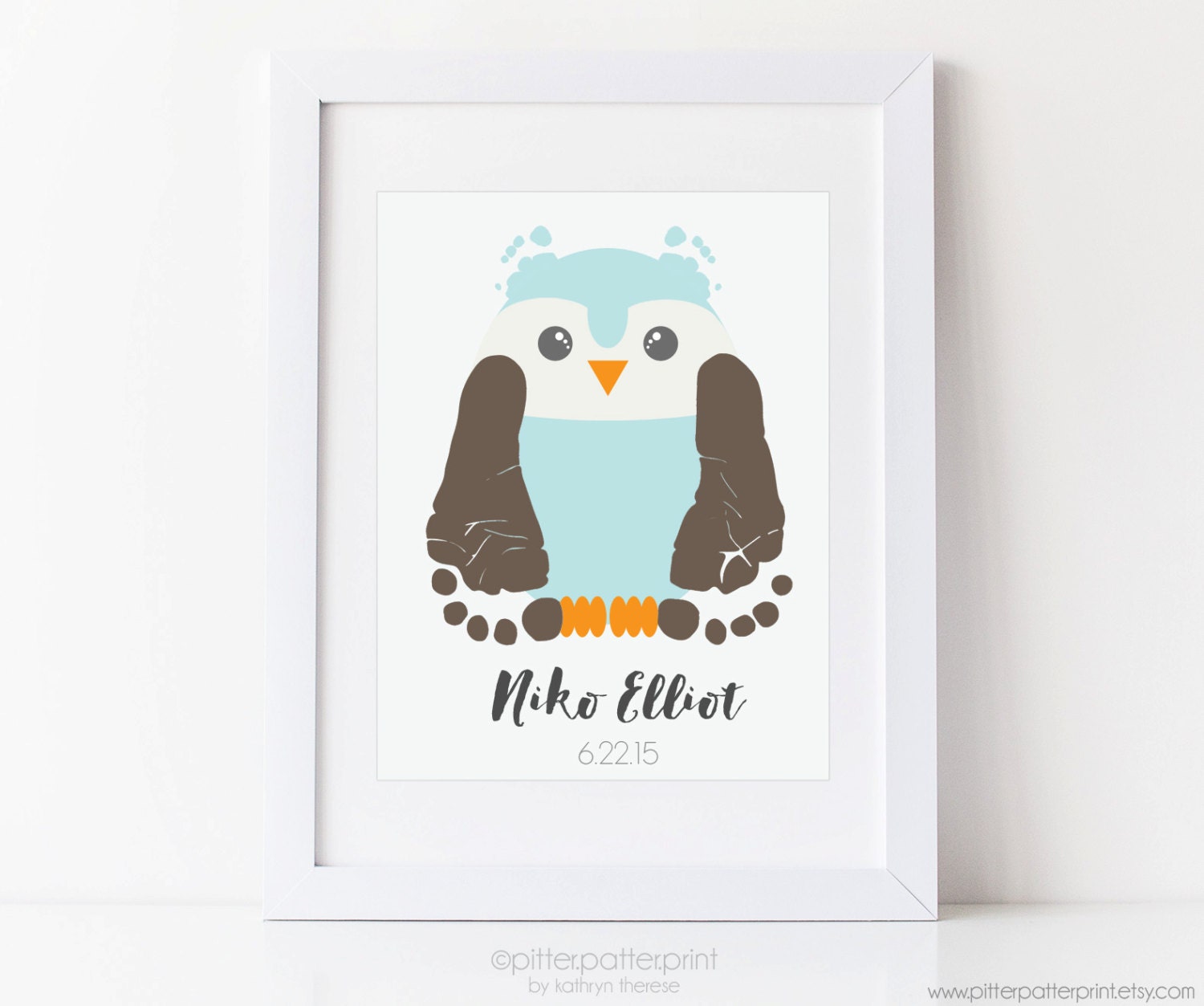 Owl Nursery Art Baby Footprint Woodland Nursery Blue Owl