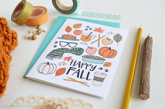 Happy Fall seasonal Folded Note Cards Autumn by penandpaint