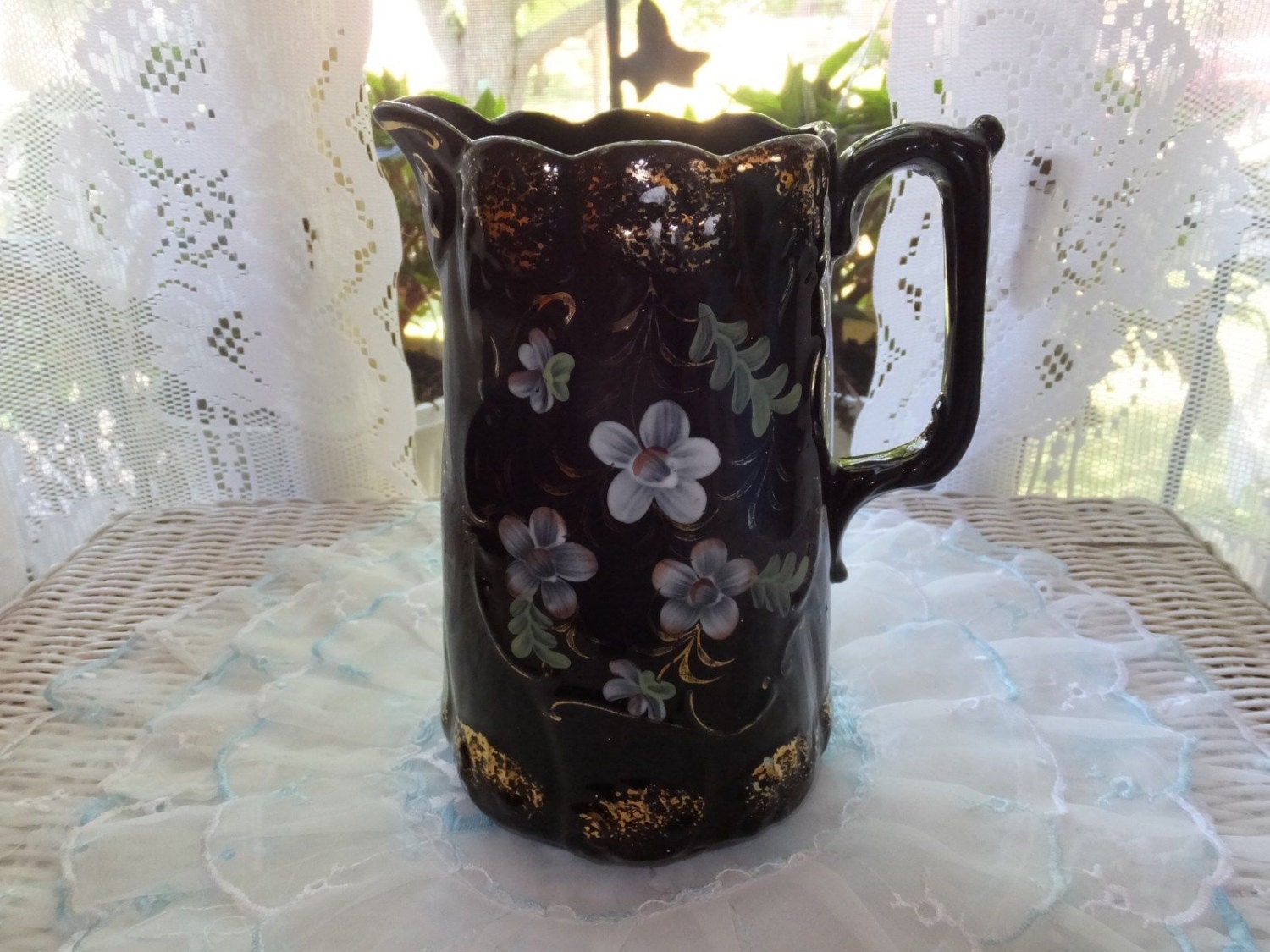 Vintage Hand Painted Blue Dogwood Floral Black Gold Water Pitcher ...