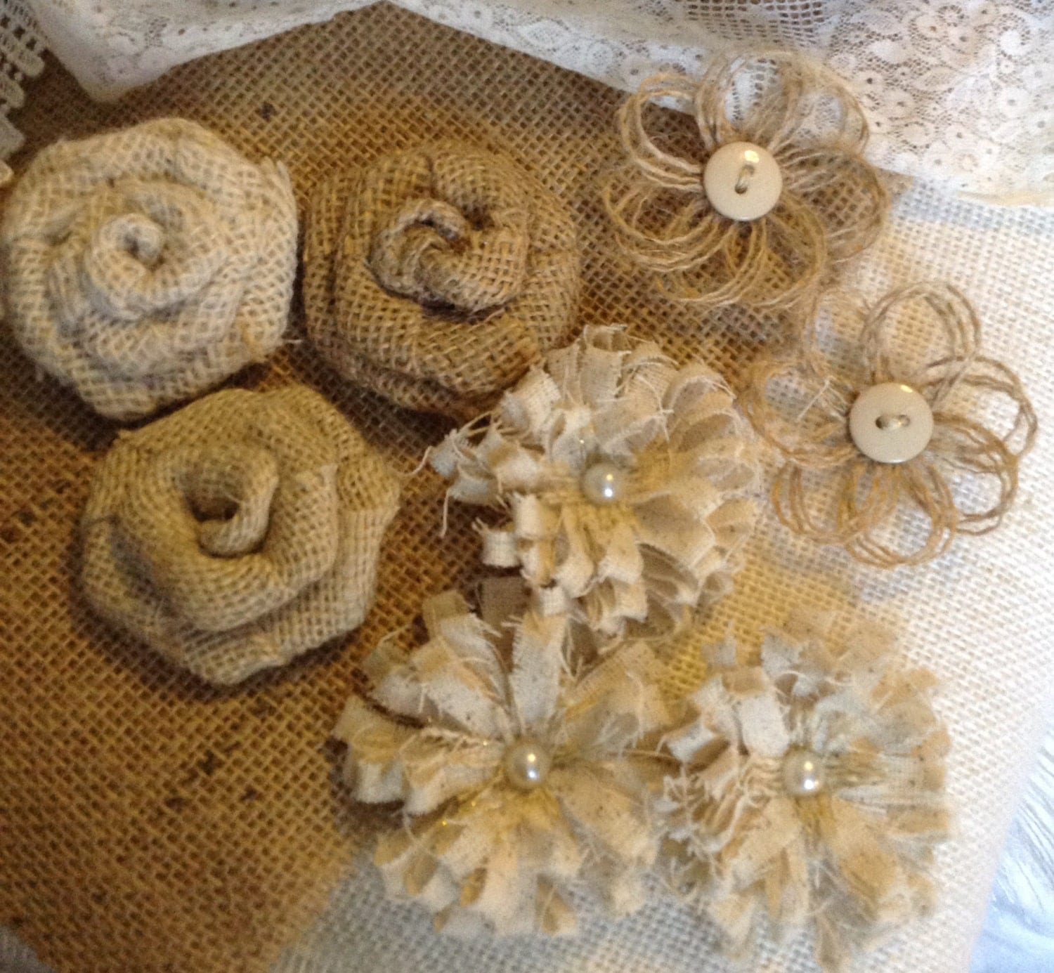 Mini Burlap 2 Flower Assortment of 8 Rustic Handmade